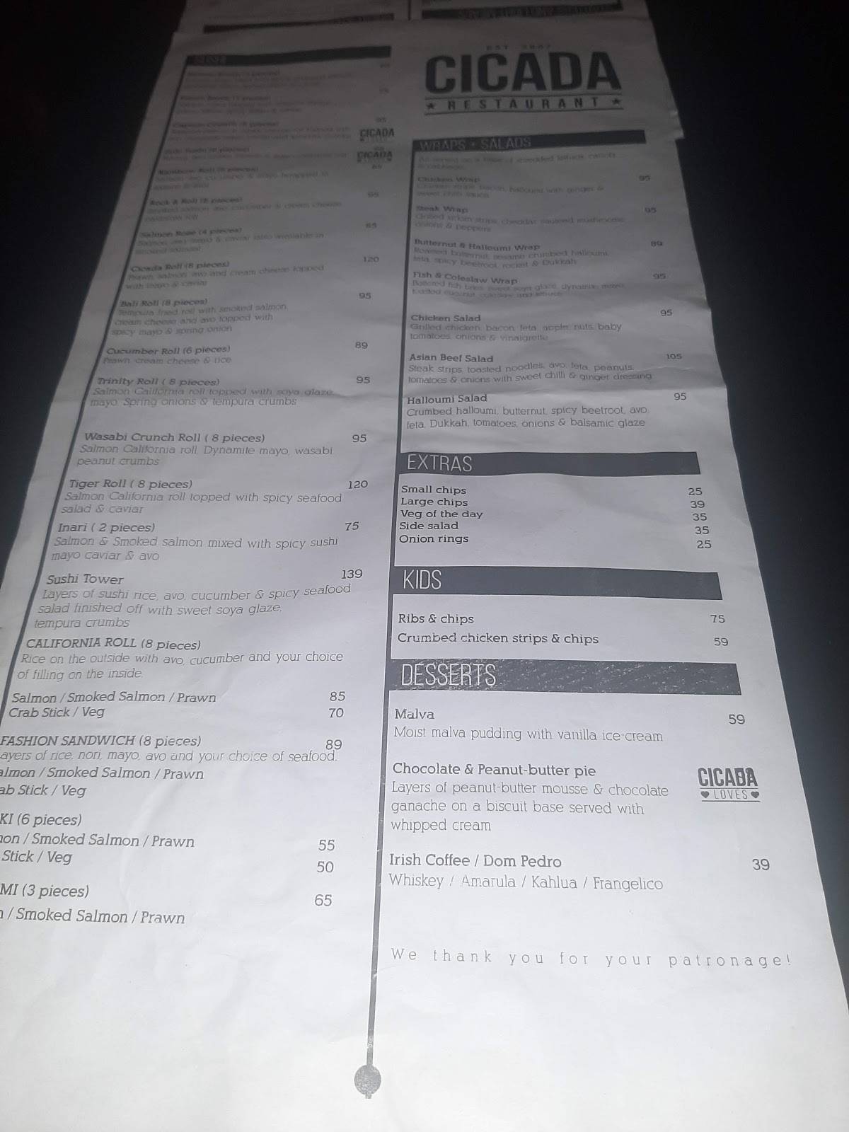 Menu at Cicada restaurant, Nelspruit