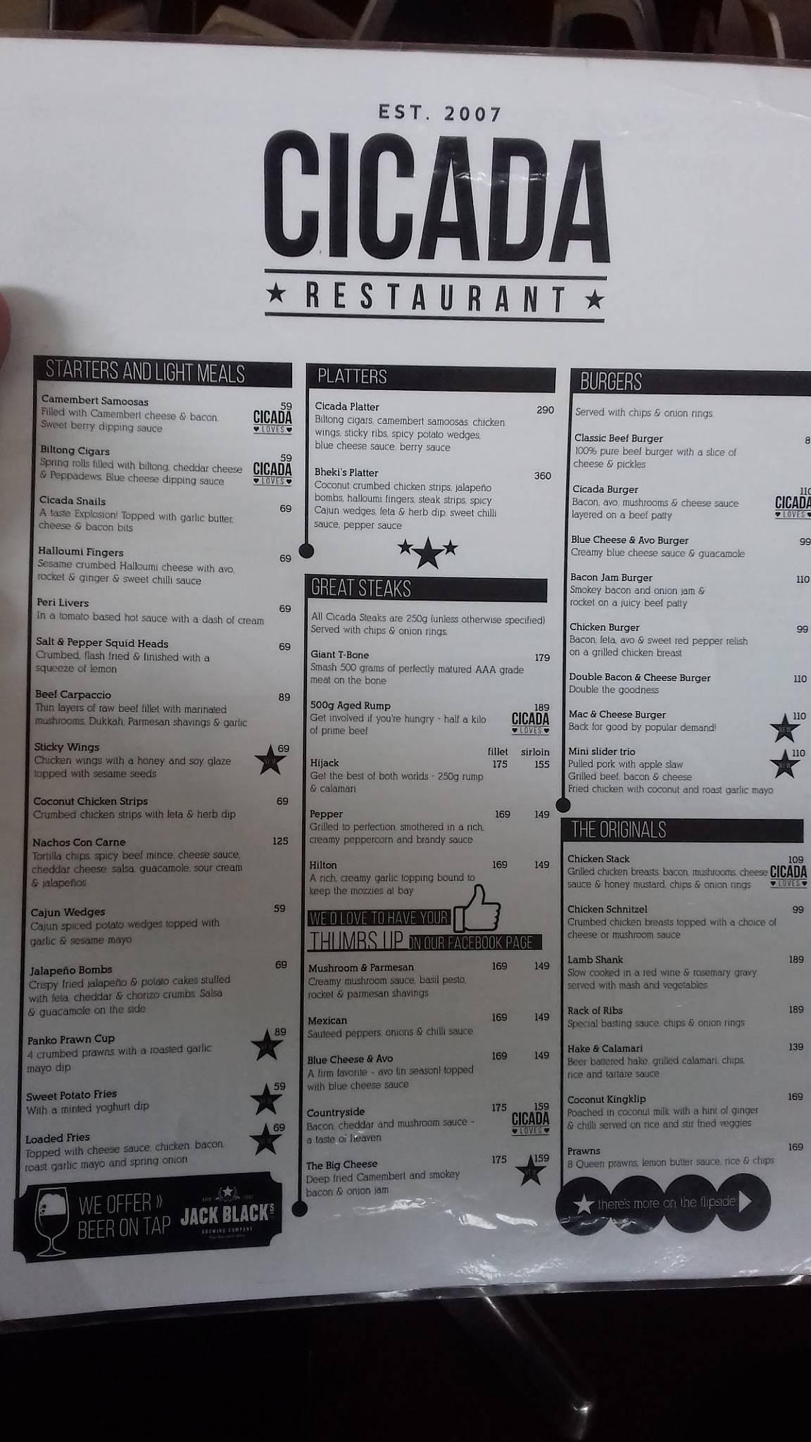 Menu at Cicada restaurant, Nelspruit