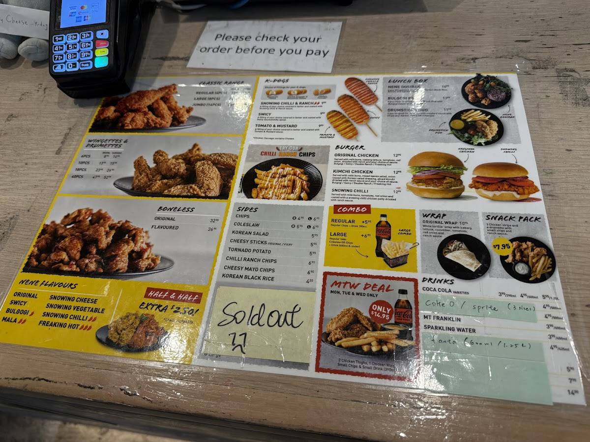 Menu at Nene Chicken fast food, Brisbane City, 91 Queen St