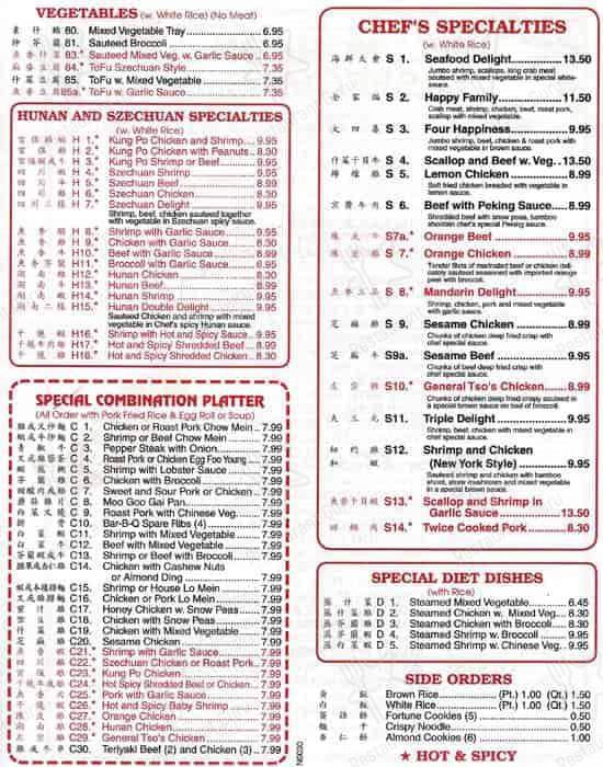 Menu at New China restaurant, Highland Village