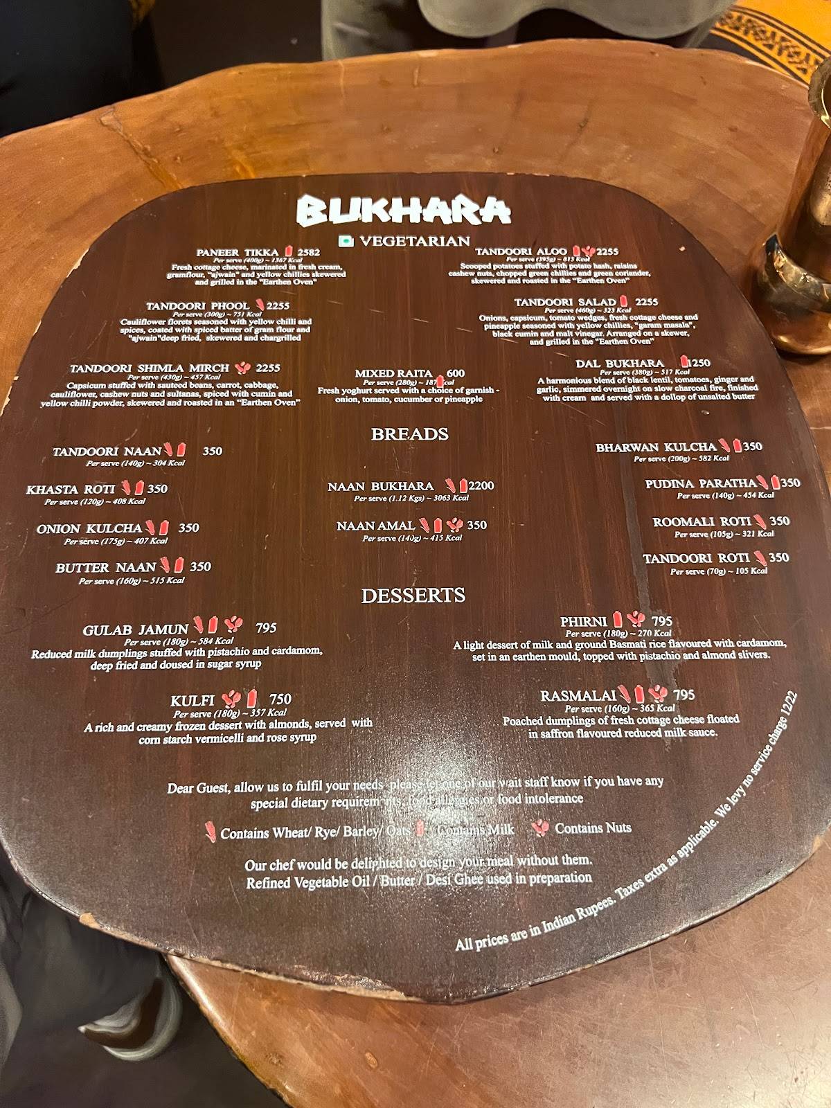 Menu at Bukhara, New Delhi, ITC MAURYA