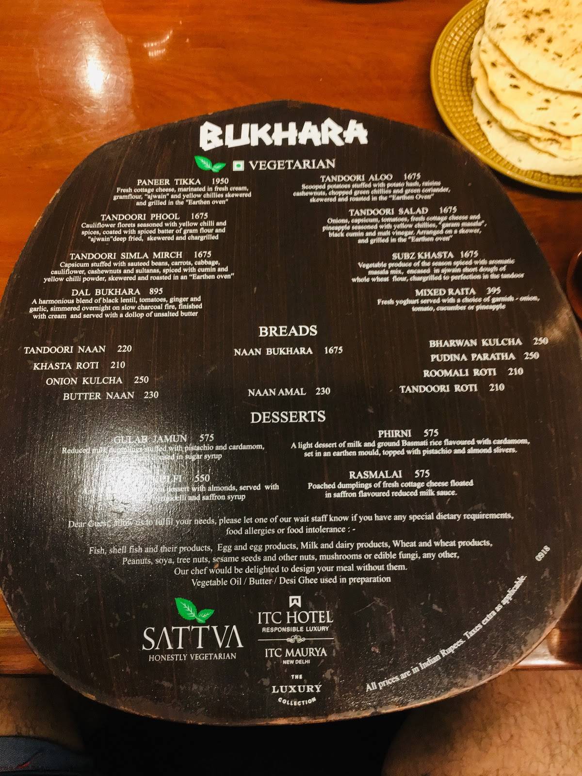 Menu at Bukhara, New Delhi, ITC MAURYA