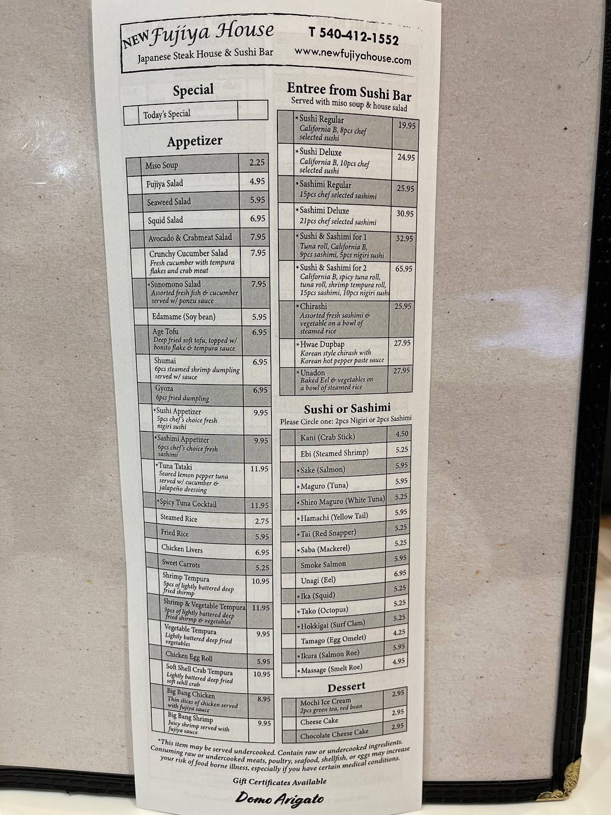 Carta del restaurante New Fujiya House, Fredericksburg