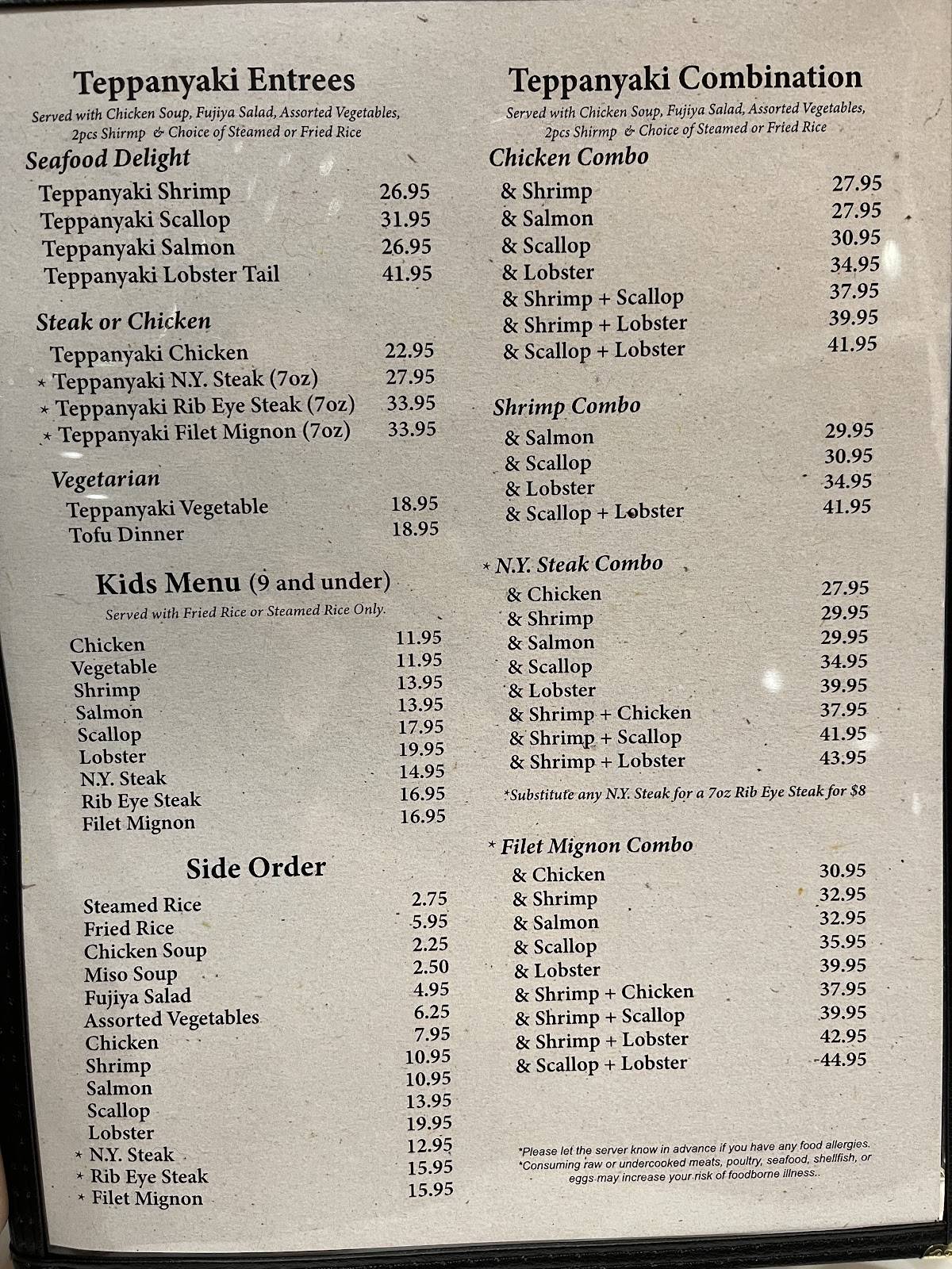 Carta del restaurante New Fujiya House, Fredericksburg