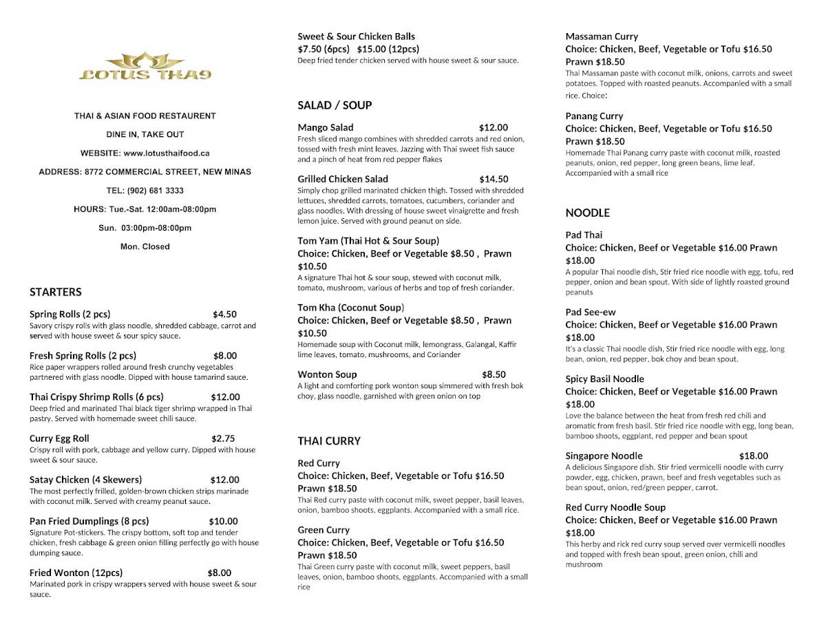 Menu at Lotus Thai restaurant, New Minas