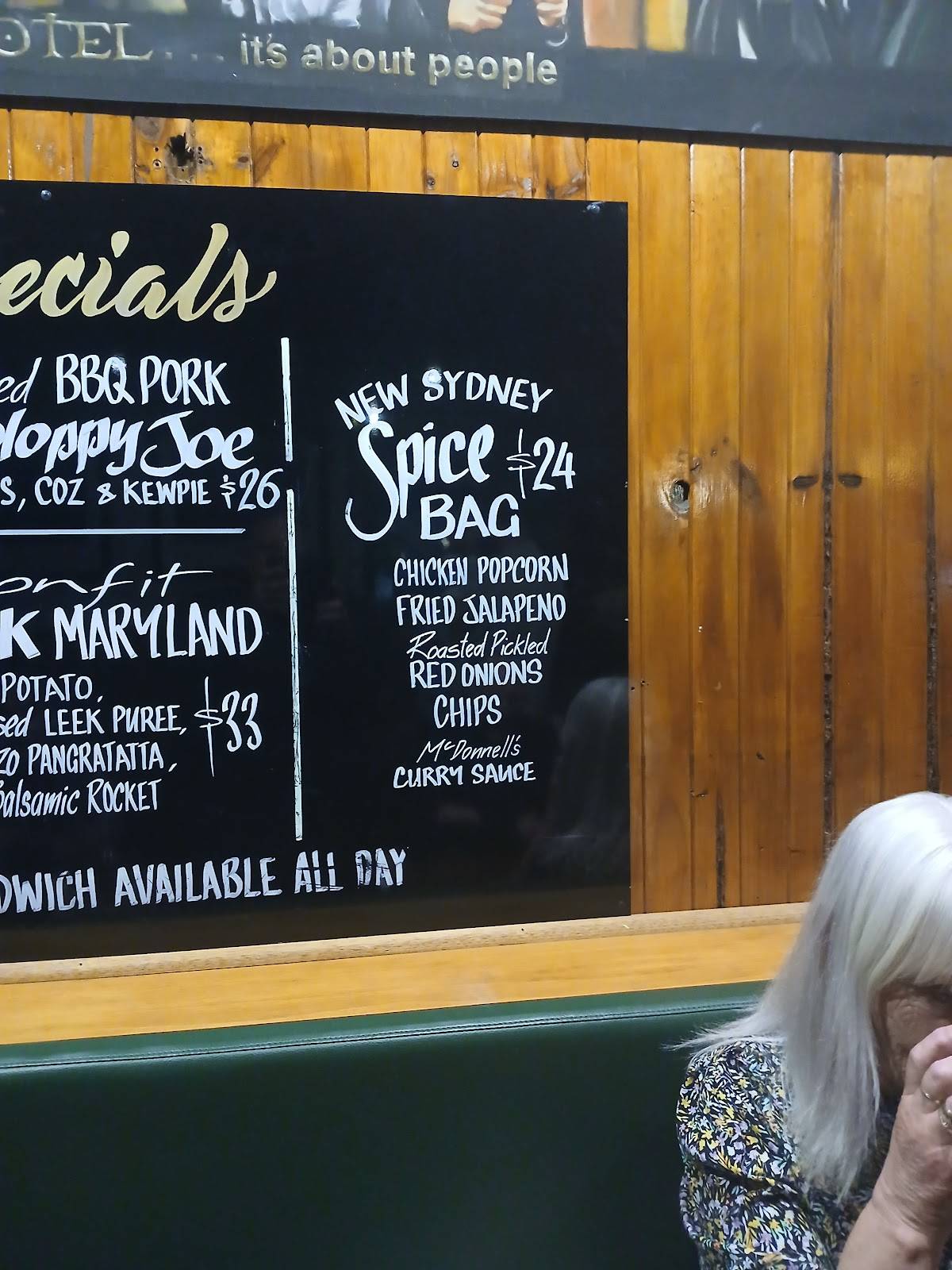 Menu at New Sydney Hotel pub & bar, Hobart