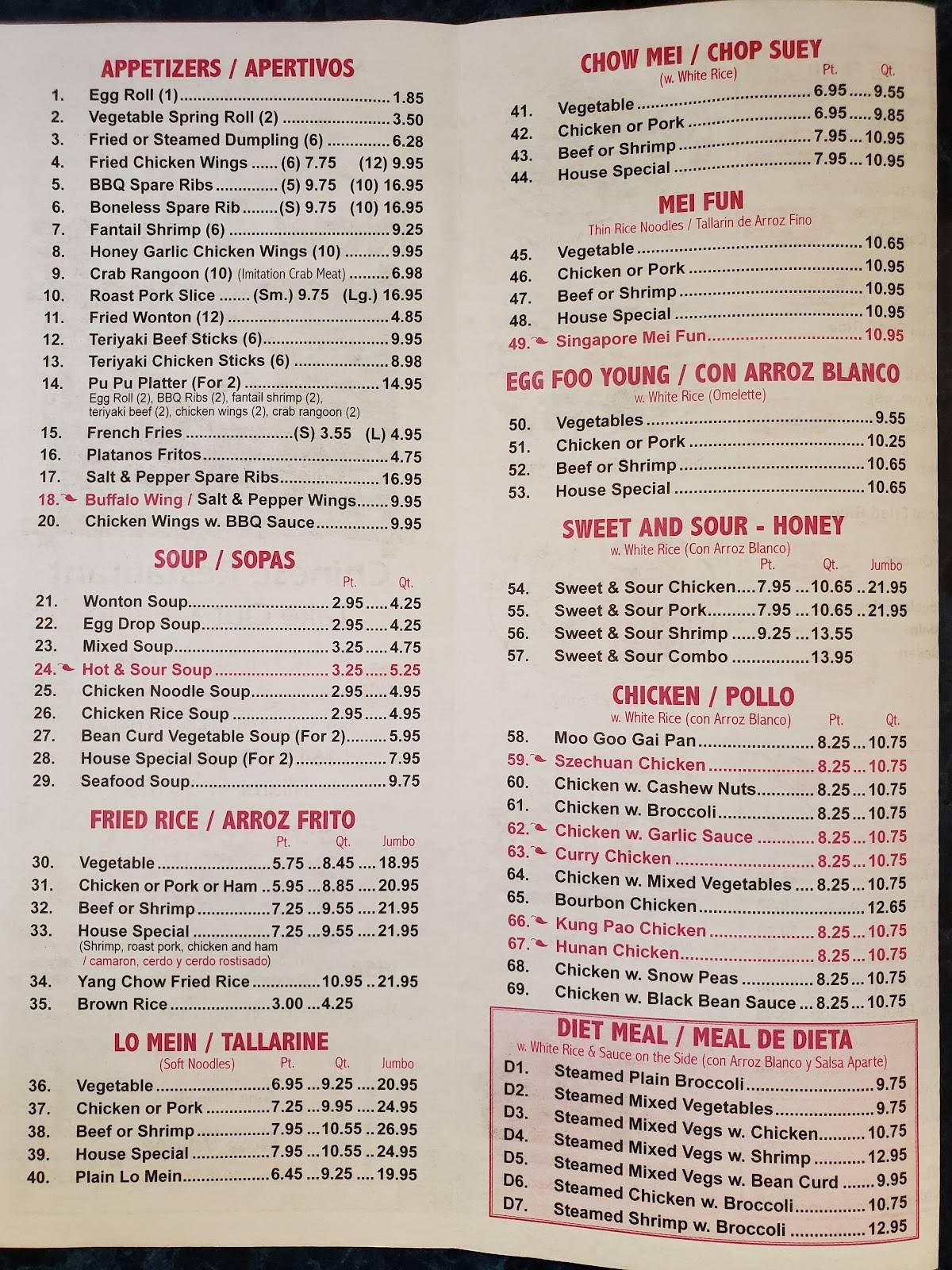 Menu at New Village restaurant, The Hammocks