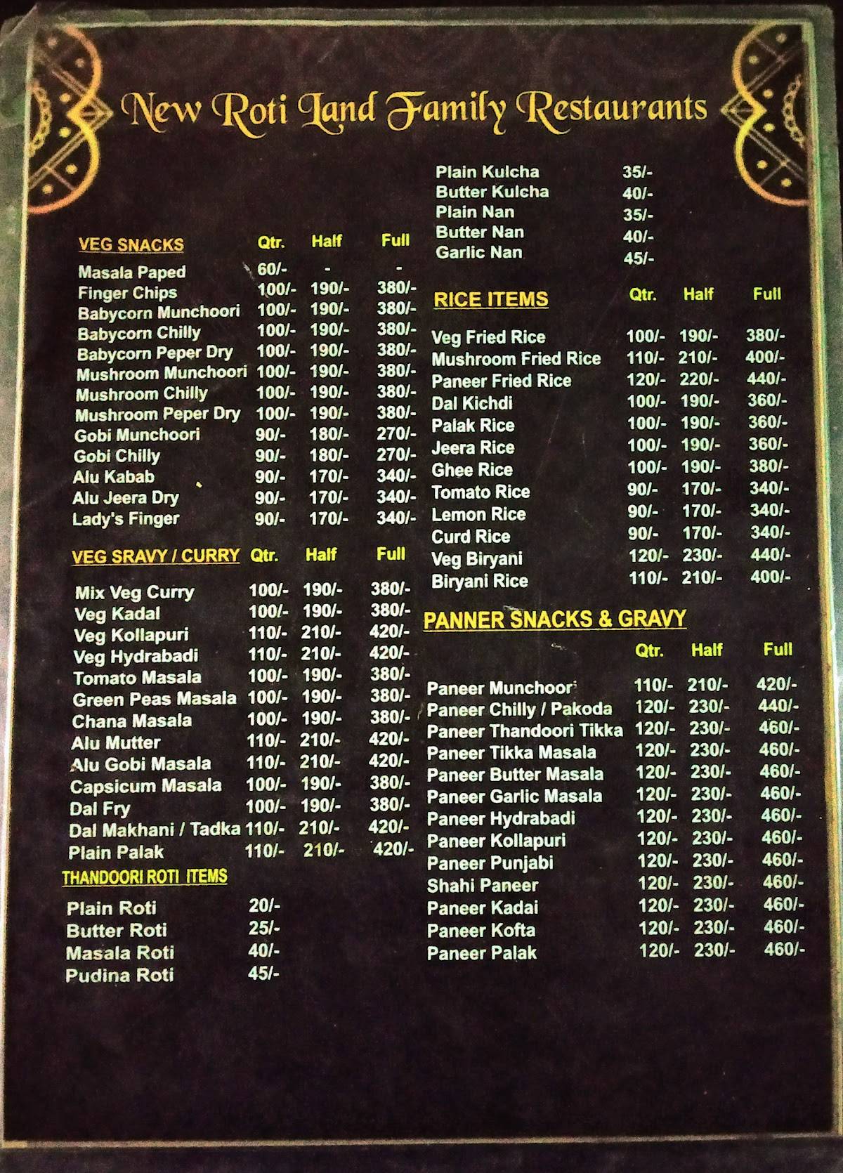 Menu at New roti Land family restaurant and dhabaa, Siddalingapura