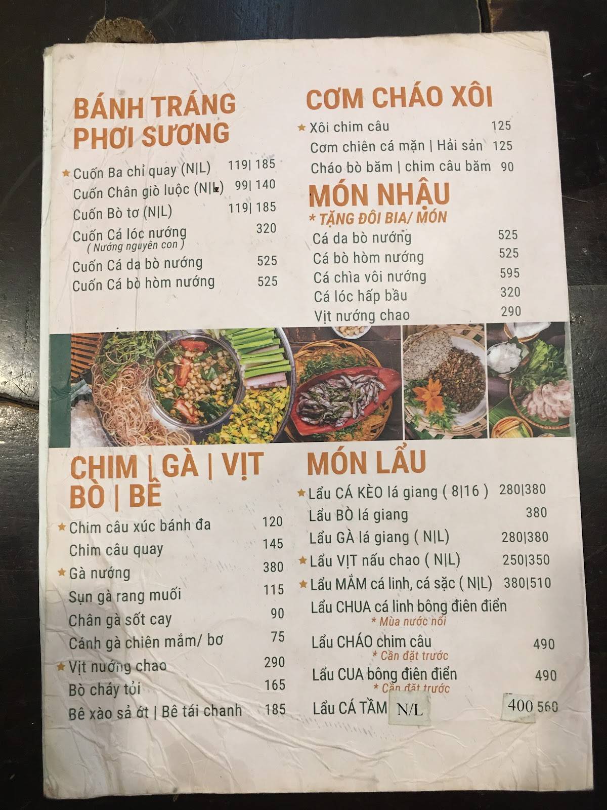 Menu at Nhà Hàng Phương Nam restaurant, Hanoi, 13 Mai Hắc Đế