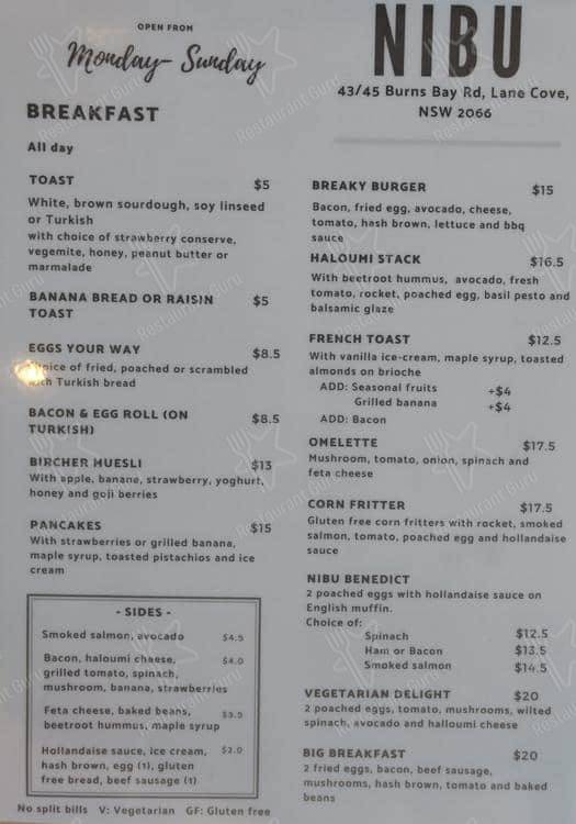 Menu at NiBu Cafe, Lane Cove