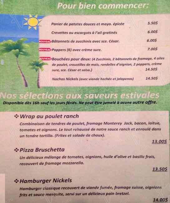 Menu at Nickels restaurant, Gatineau