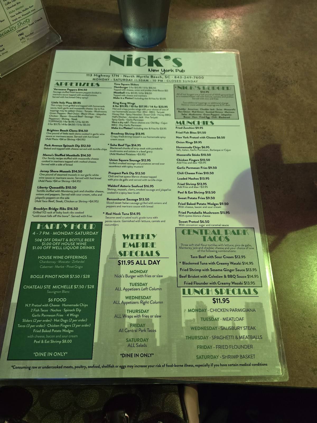 Menu at Nick's New York pub & bar, North Myrtle Beach, 113 Hwy 17 N