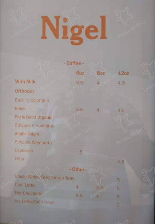 Menu at Nigel cafe, Camberwell