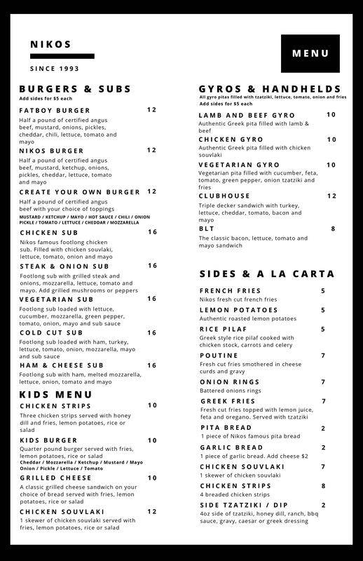 Menu at Nikos Restaurant, Winnipeg