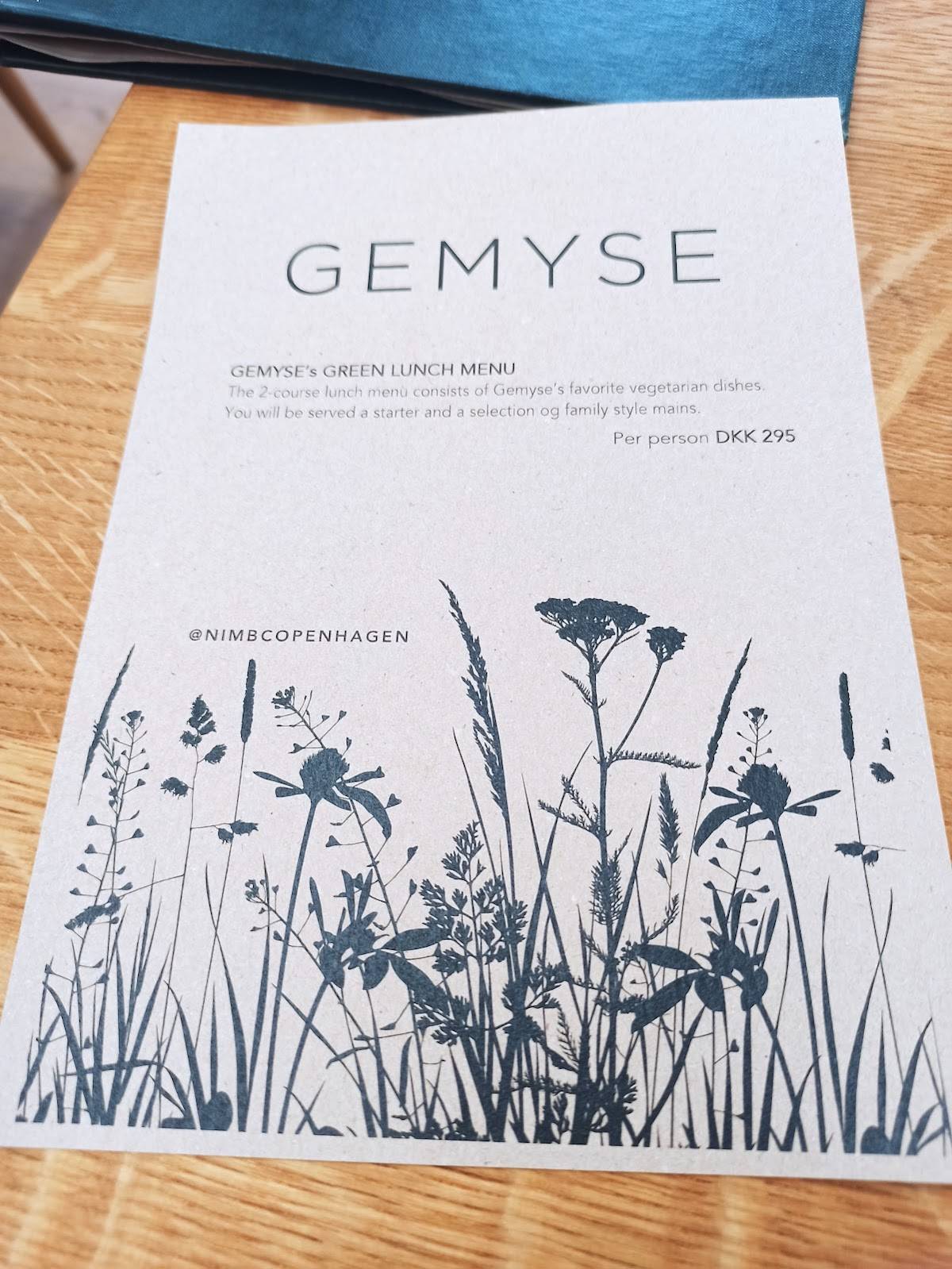 Menu at Nimb Gemyse restaurant, Copenhagen