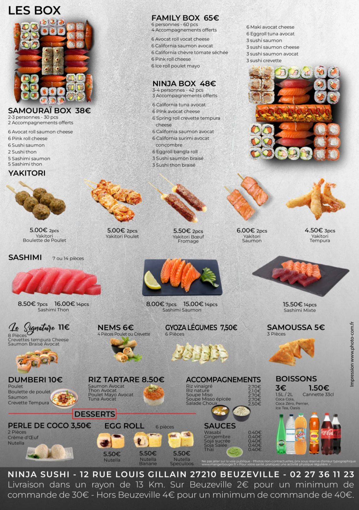 Menu at Ninja sushi restaurant, Beuzeville