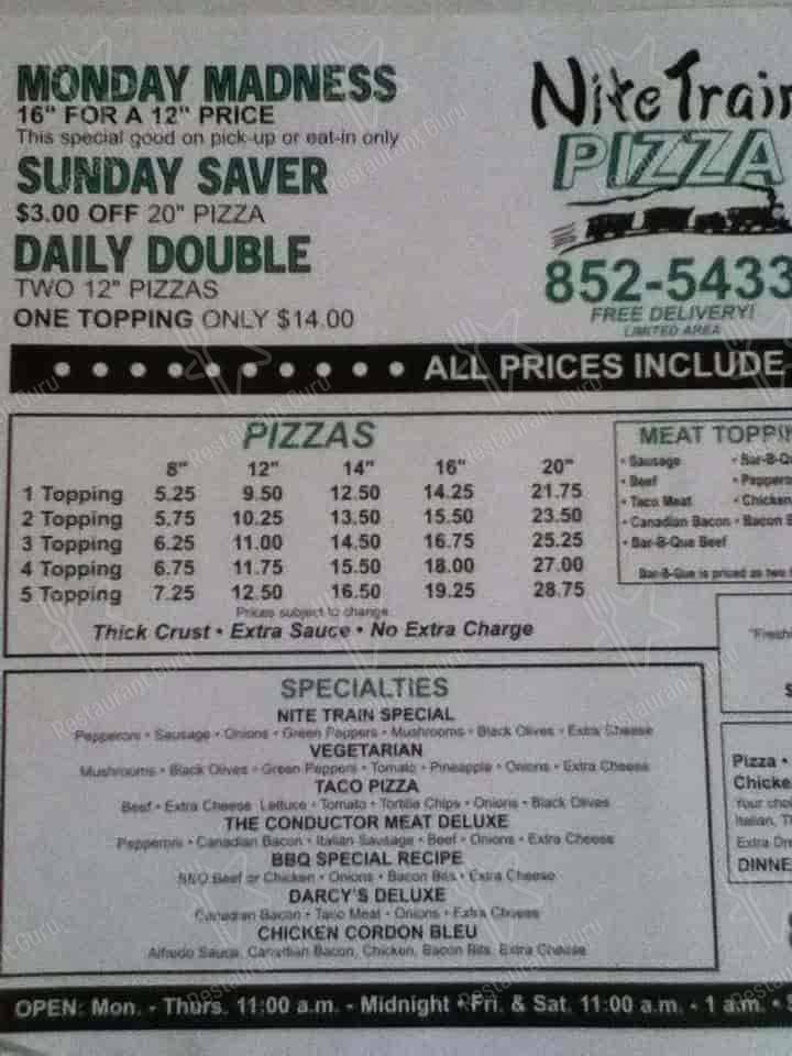 Menu at Nite Train Pizza pizzeria, Minot, 515 20th Ave SE