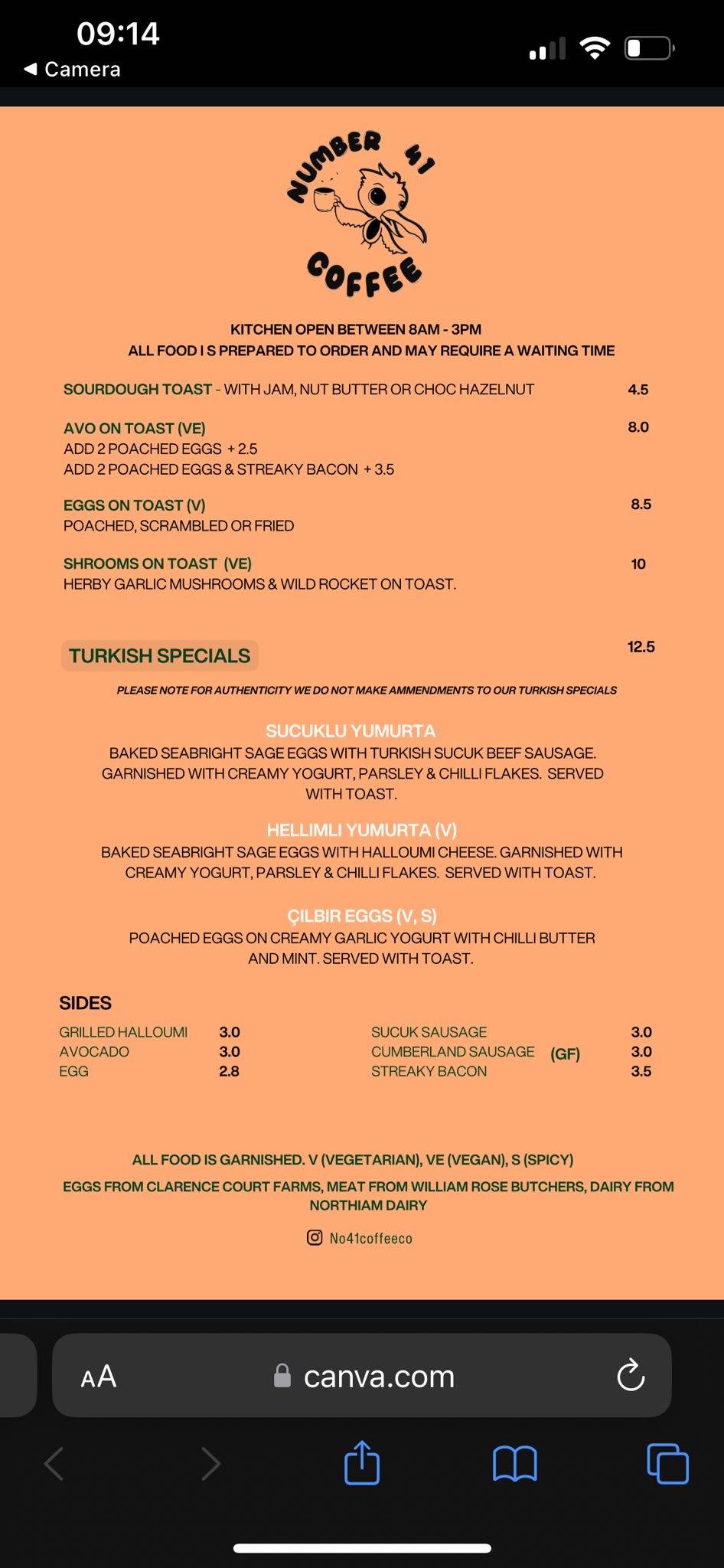 Menu at No. 41 Coffee cafe, London, 41 Brockley Rise