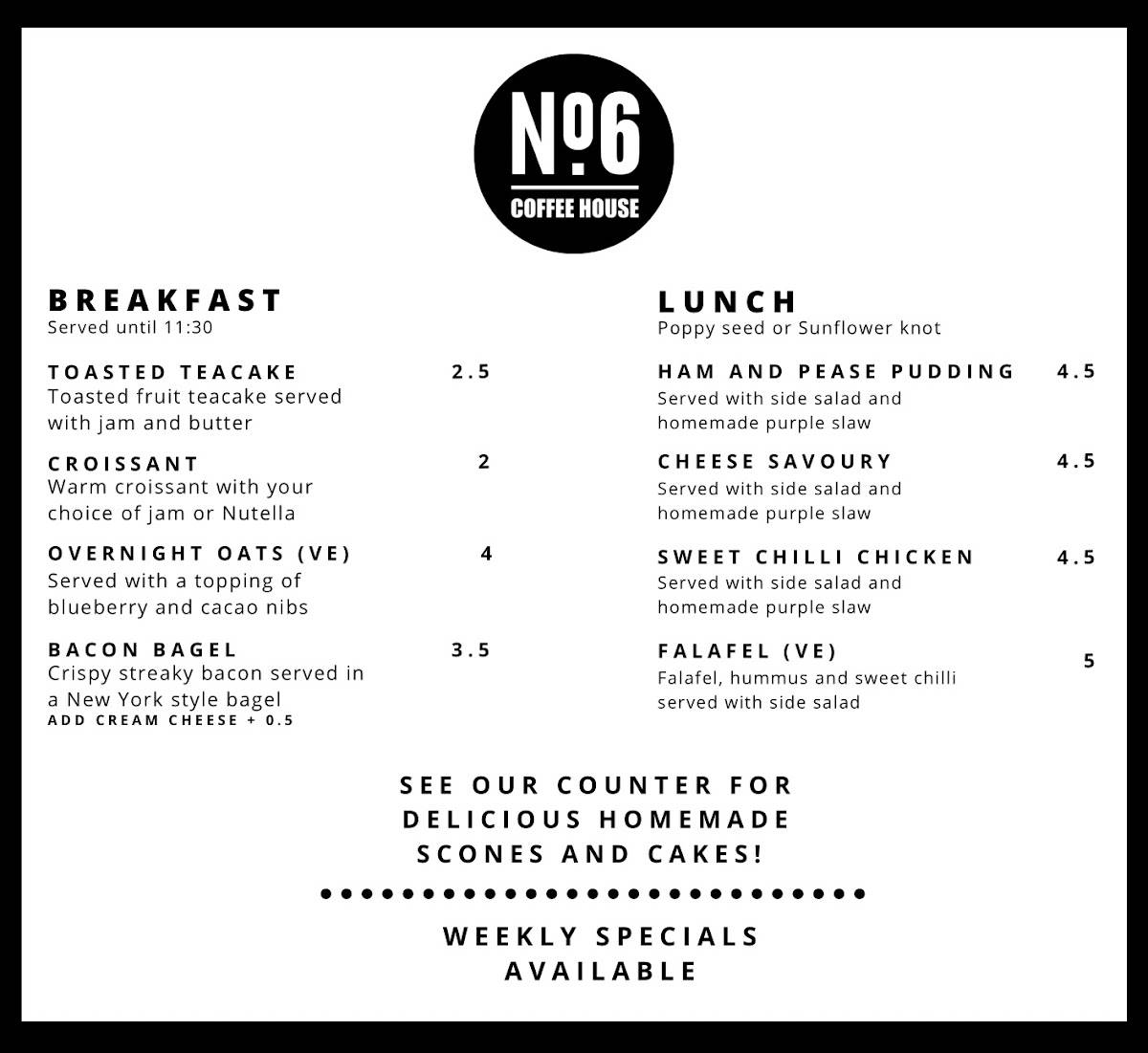 Menu at No.6 Coffee House, Ryton