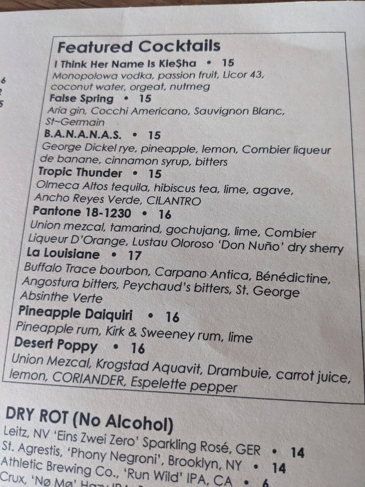 Carta del pub y bar Noble Rot, Portland, E Burnside St Fourth Floor