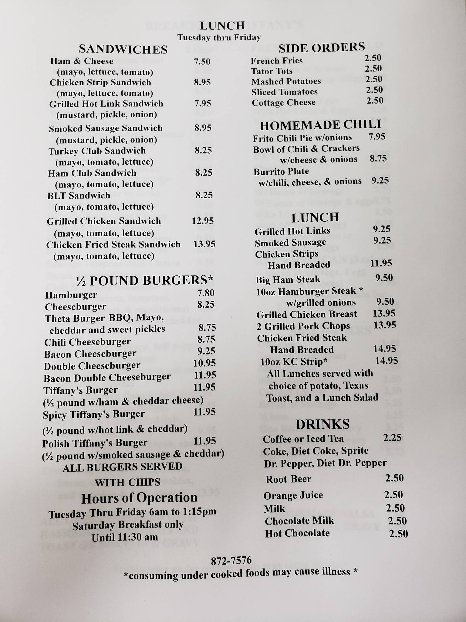 Menu at Tiffany's restaurant, Noble