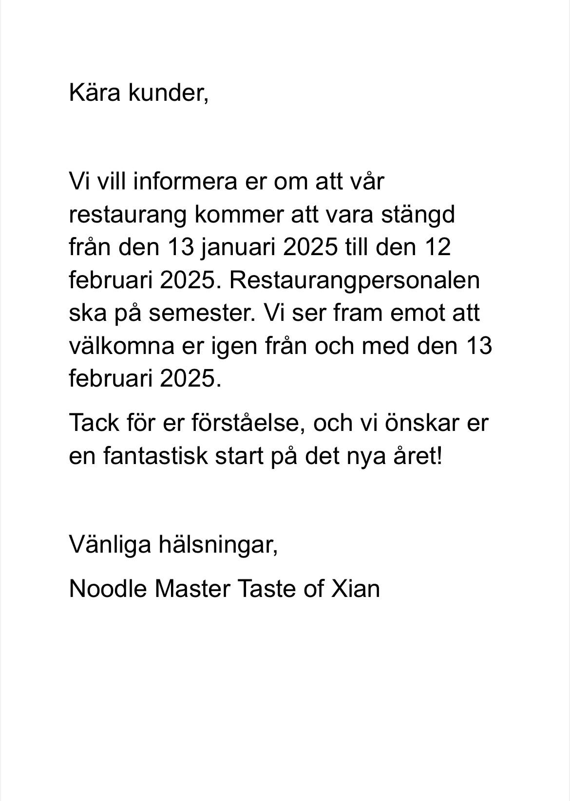 Menu at Noodle Master Taste of Xian Kitchen restaurant, Gothenburg