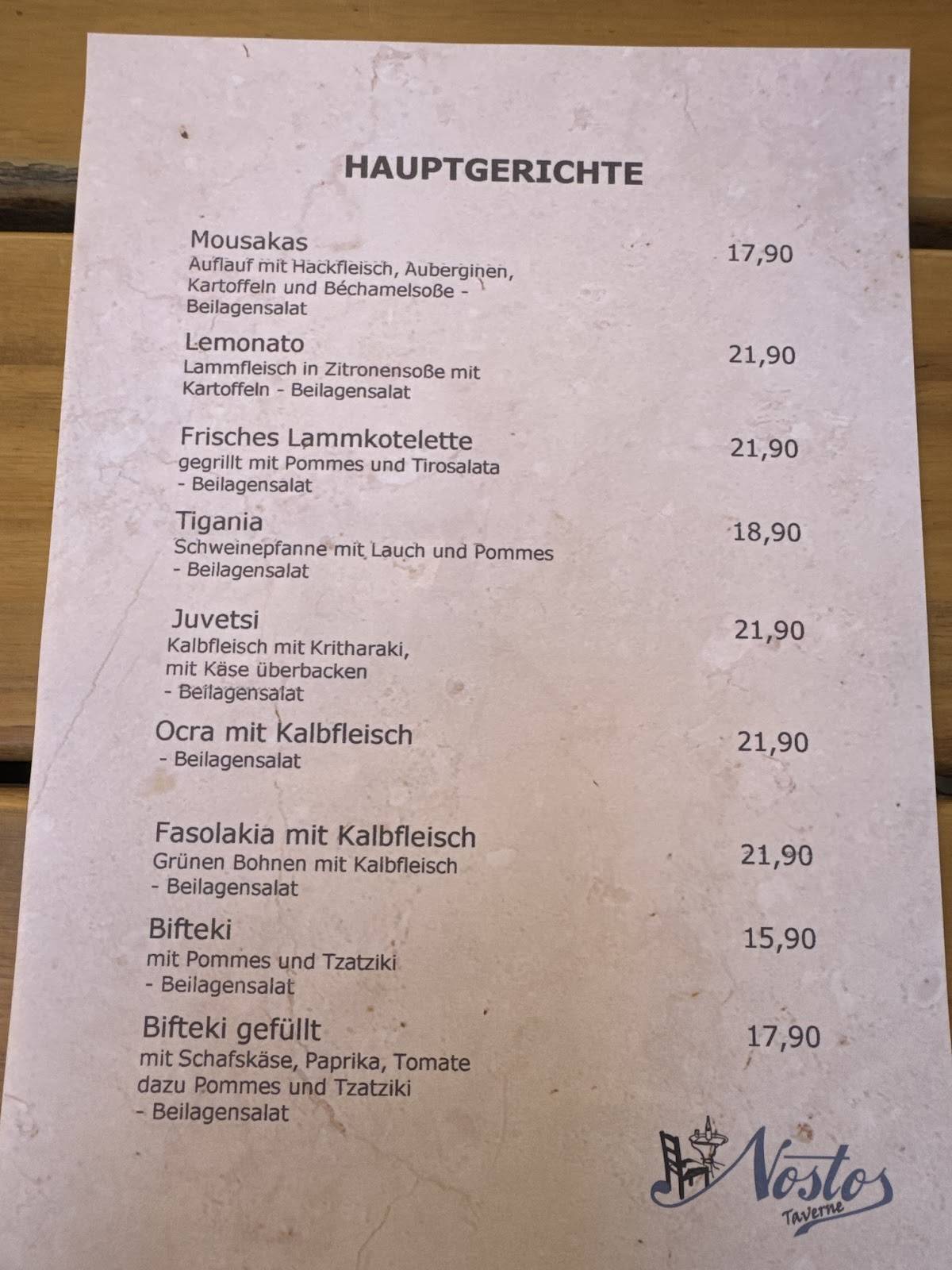Speisekarte von Nostos Taverne restaurant, Erlangen
