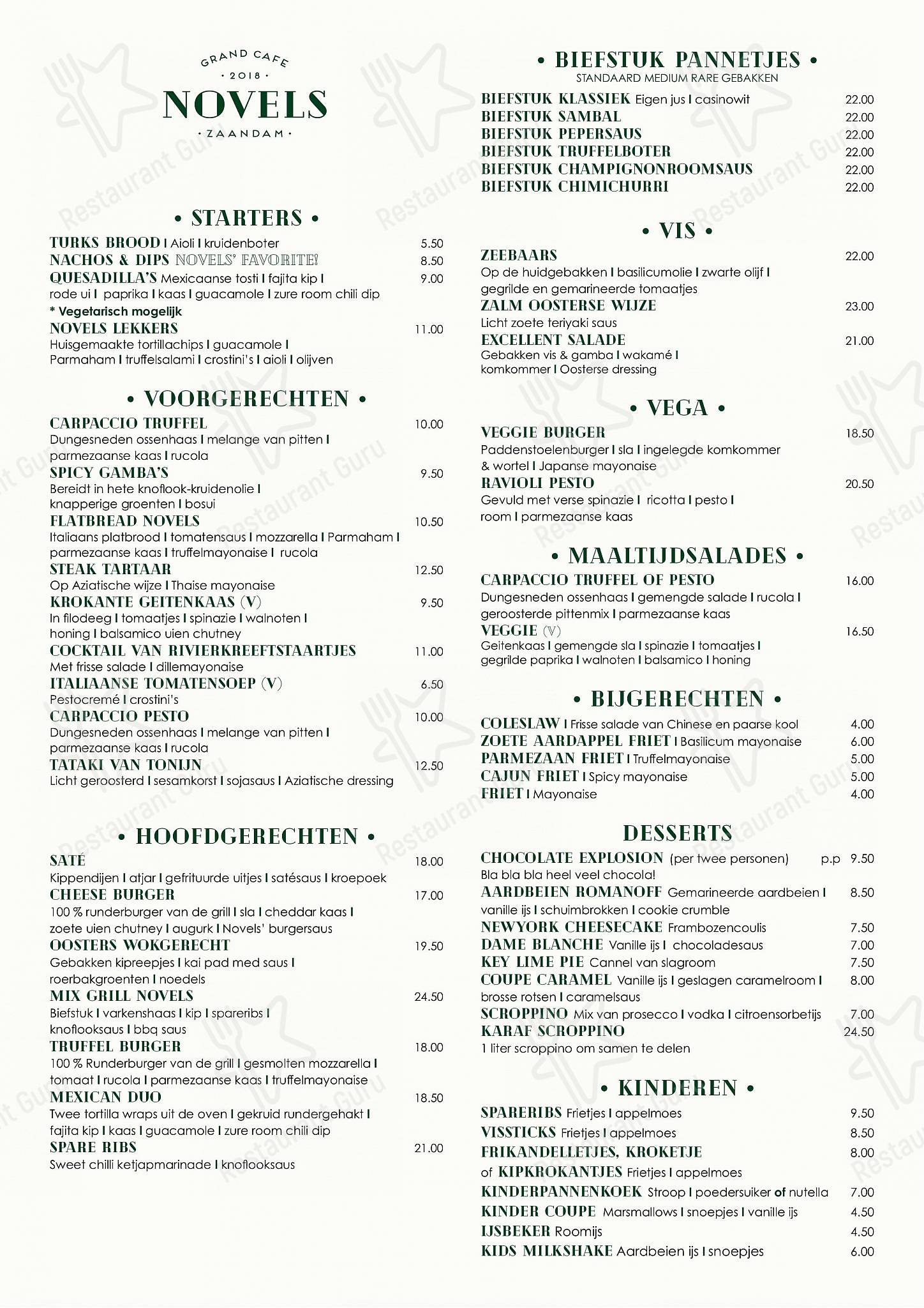 Menu at Novels Zaandam, Zaandam
