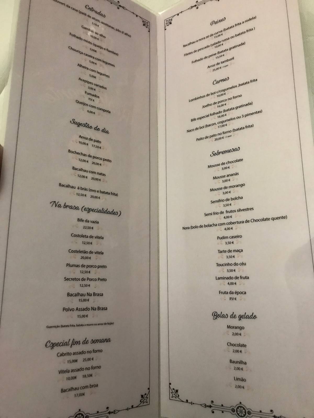 Menu em Novo Nora Zé da Curva restaurante, Guimaraes
