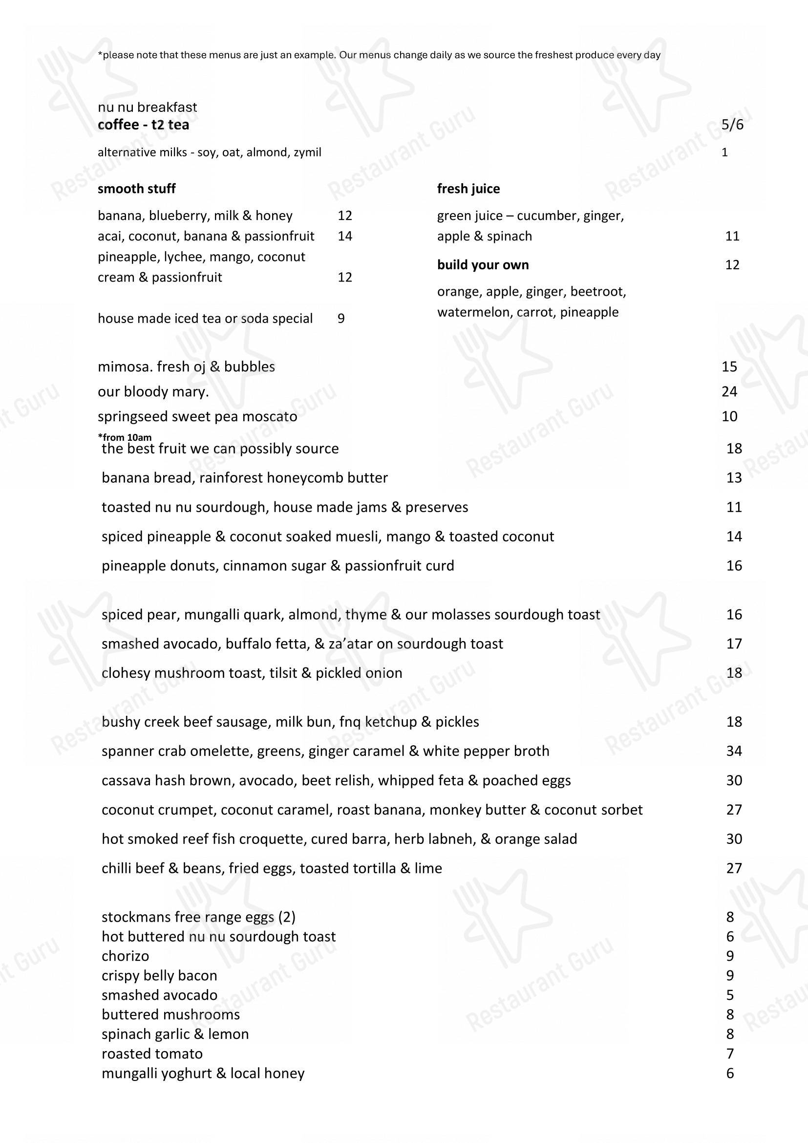 Menu at Nu Nu Restaurant, Palm Cove