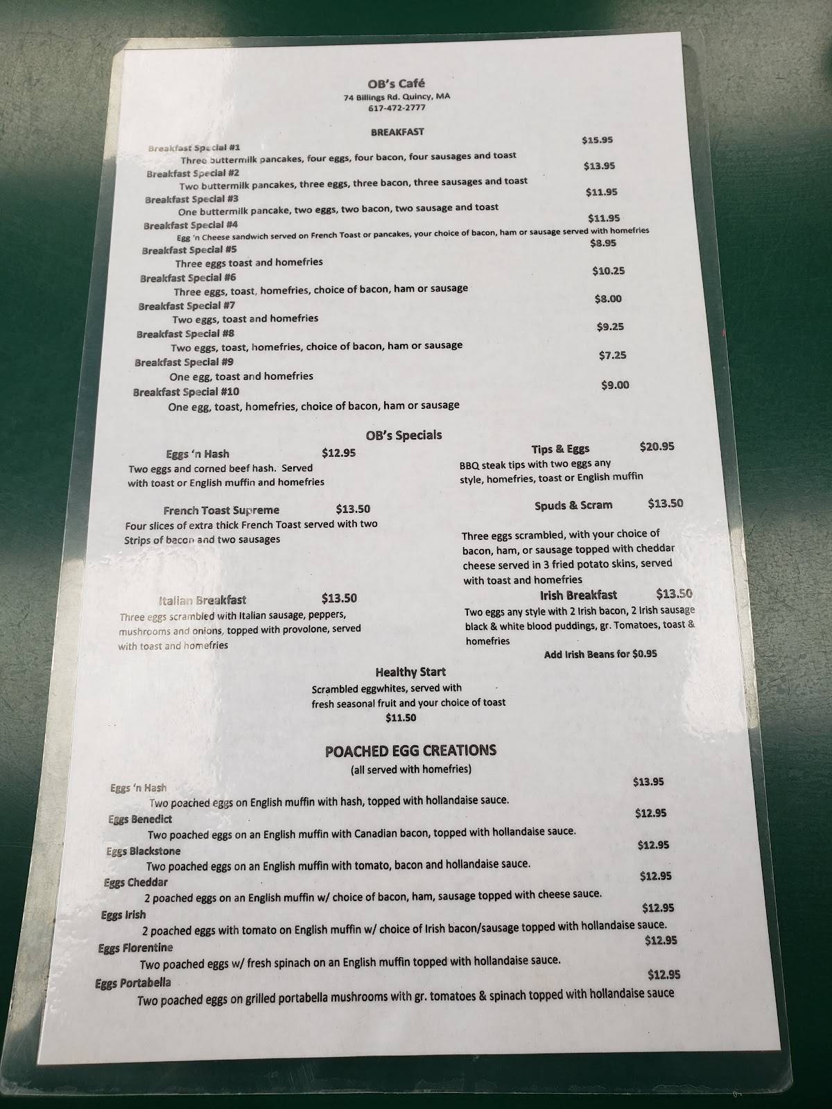 Menu at O B's Cafe, Quincy