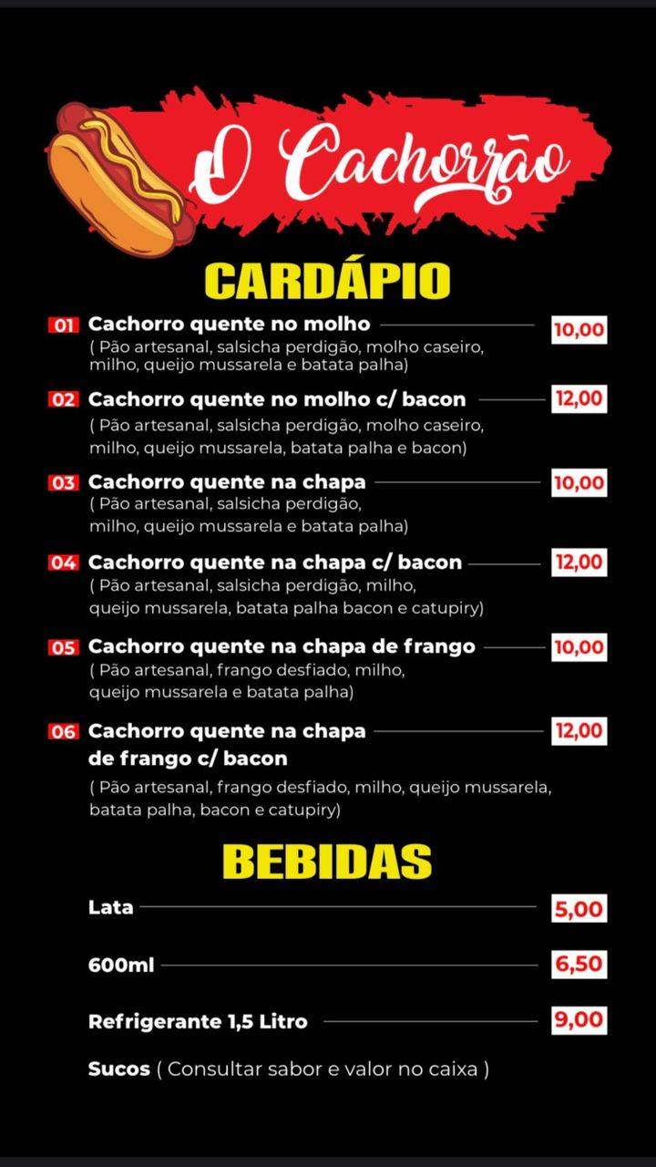 Menu em O Cachorrão restaurante, Guaíra