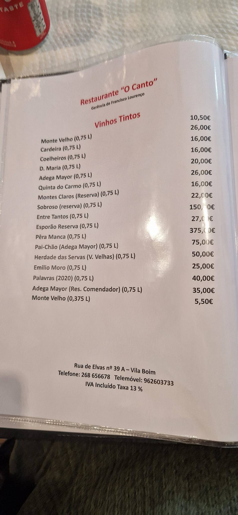 Menu em Restaurante O Canto, Portugal