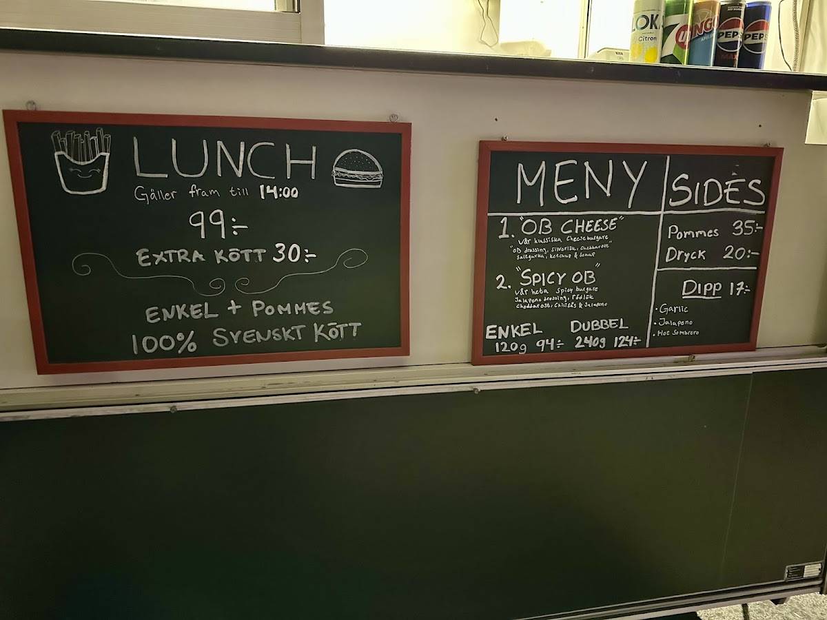 Menu at OB's (Original Burgers) restaurant, Södertälje