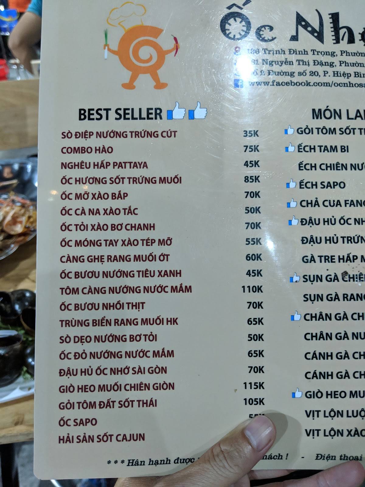 Menu at ỐC NHỚ SÀI GÒN THỦ ĐỨC restaurant, Ho Chi Minh City