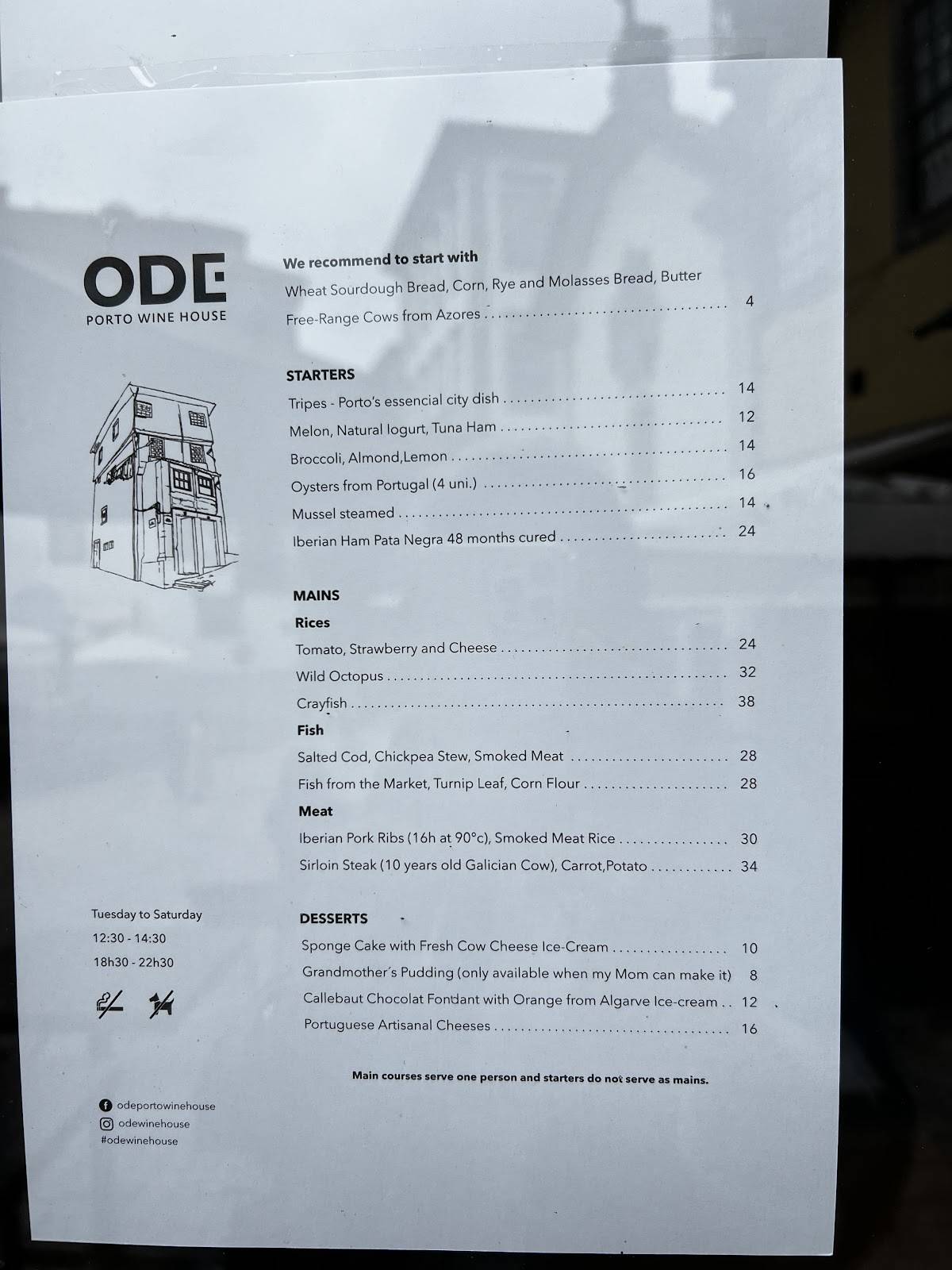 Menu at ODE Porto Wine House restaurant, Porto