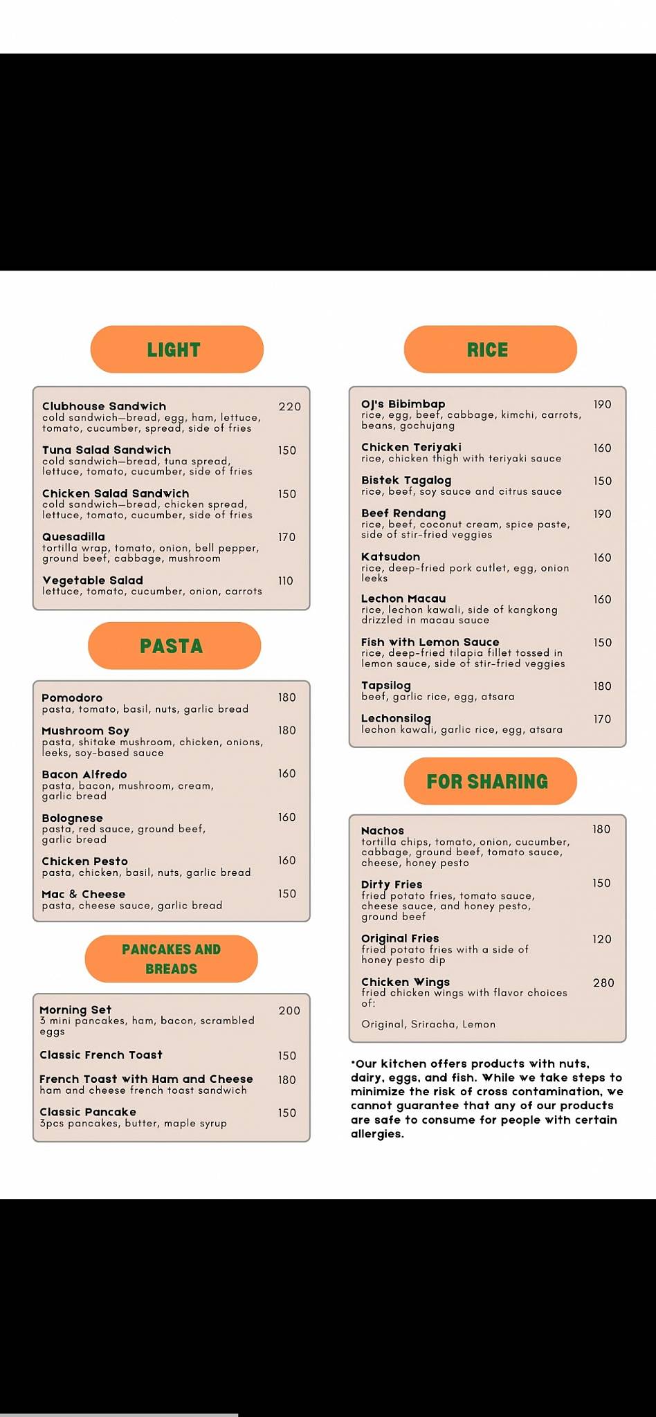 Menu at OJ's Brew restaurant, Calamba