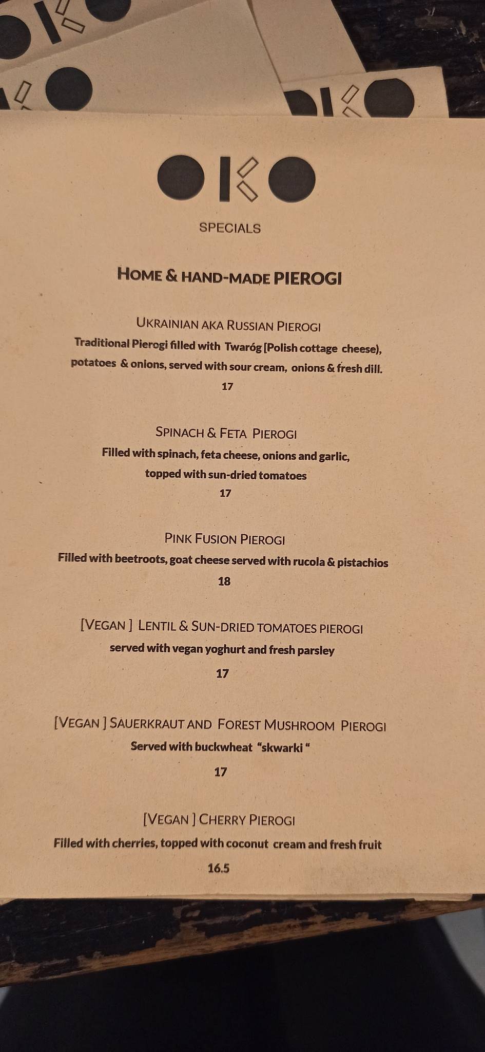 Carta de OKO Café, Amsterdam