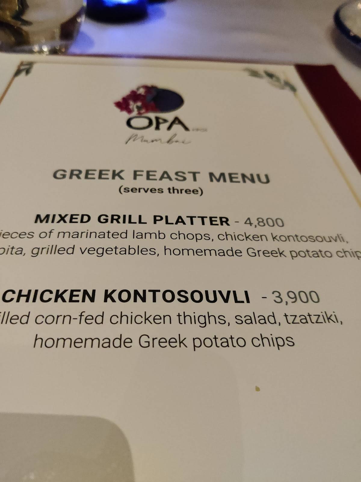 Menu at OPA Kipos, Mumbai