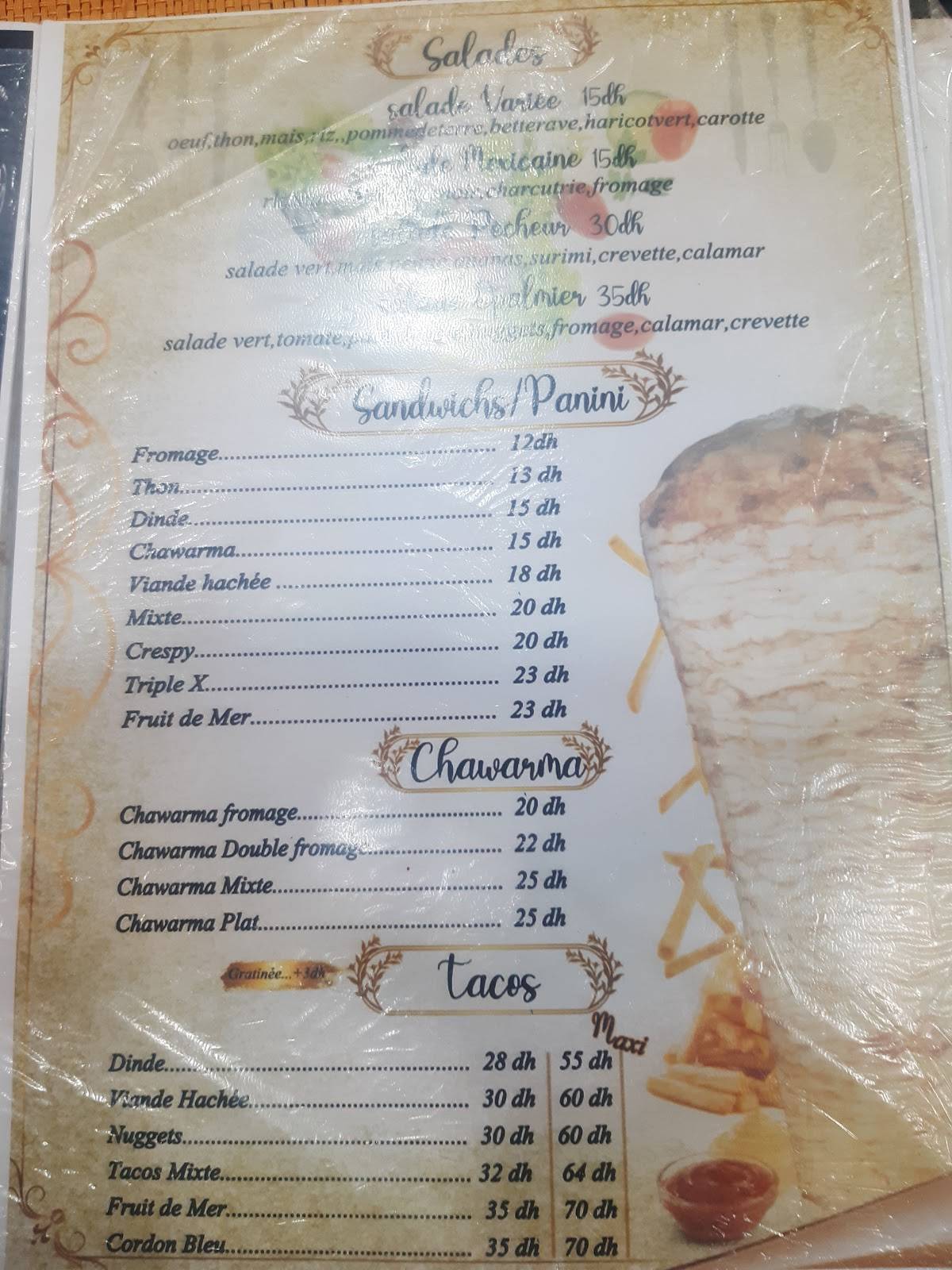 Menu au O'Palmier restaurant, Safi