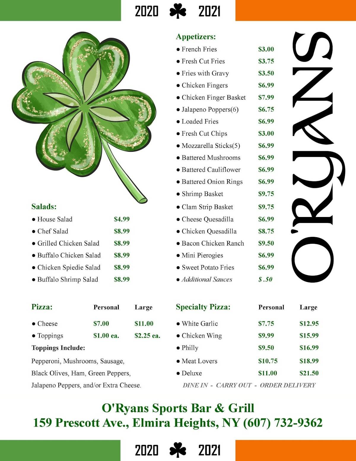 Menu at O'Ryans Sports Bar And Grill, Elmira Heights