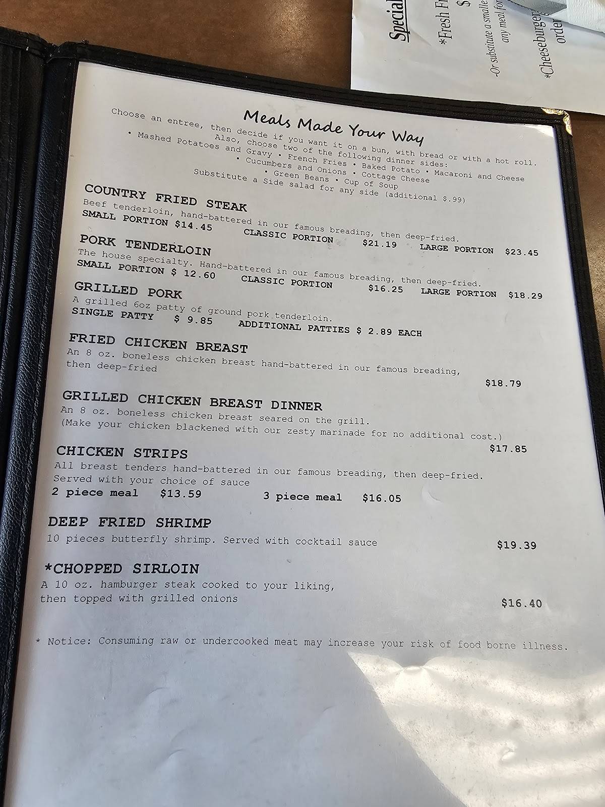 Menu at PT's restaurant, Oak Grove
