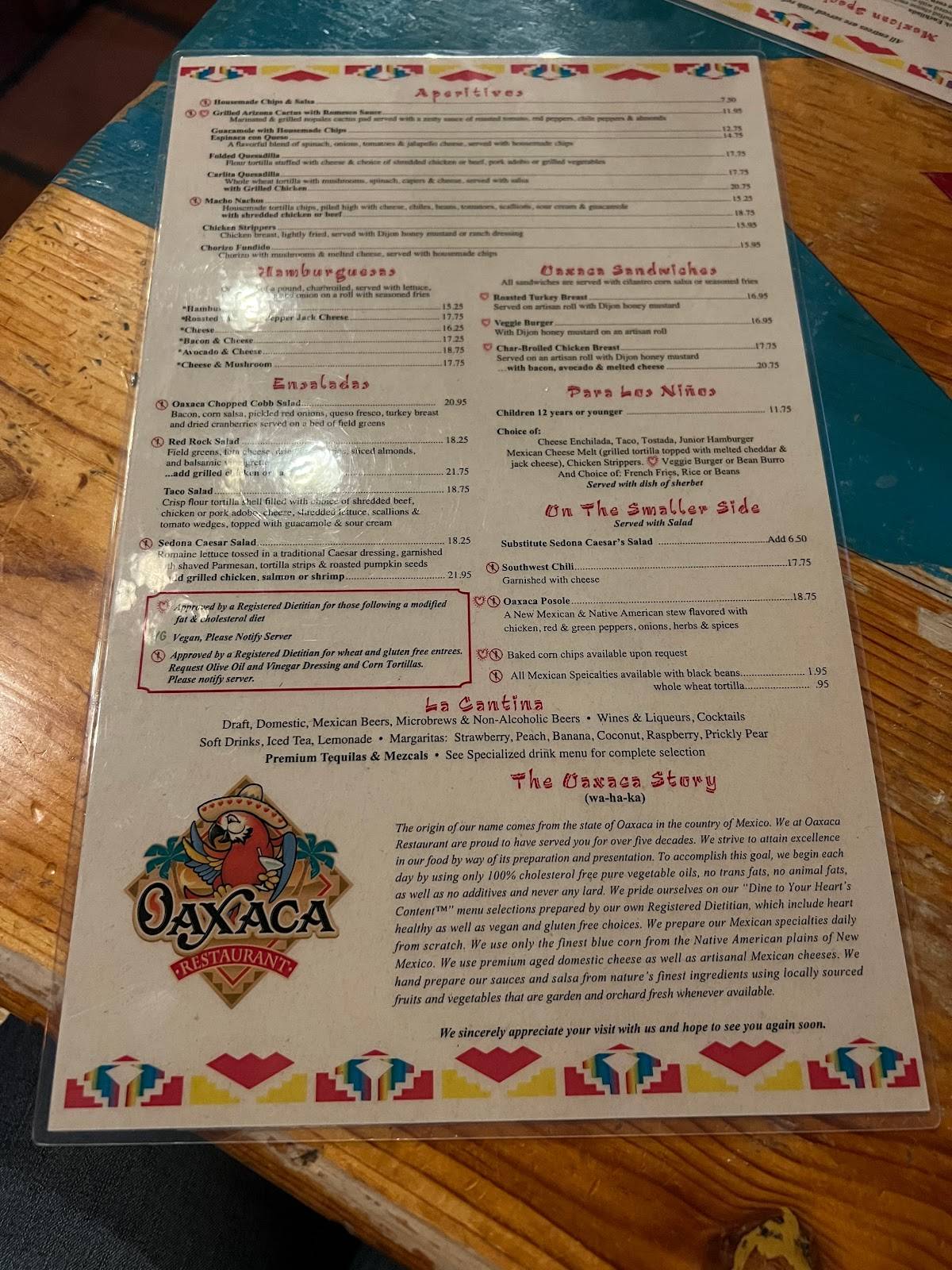 Menu at Oaxaca Restaurant, Sedona