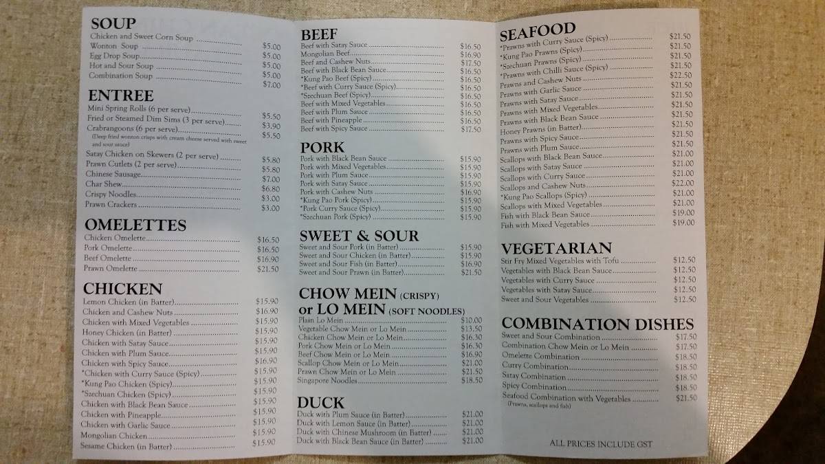 Menu at Ocean Chinese Restaurant and Takeaways, Claremont