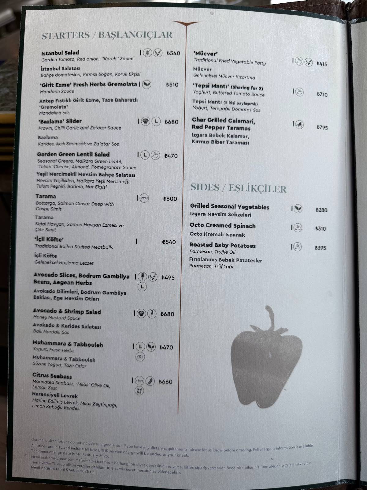 Menu at Octo restaurant, Istanbul