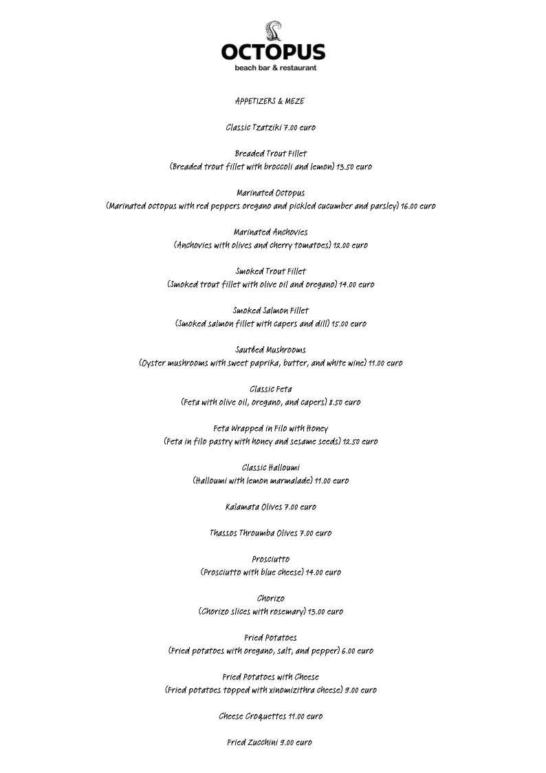 Menu at Octopus Beach Bar & Restaurant, Achladias