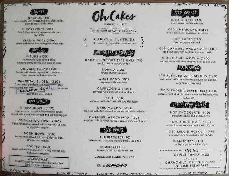 Menu at Oh Cakes cafe, Parañaque