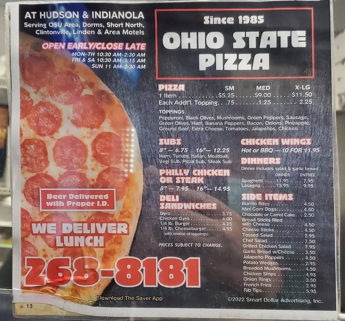 Menu at Ohio State Pizza & Deli pizzeria, Columbus