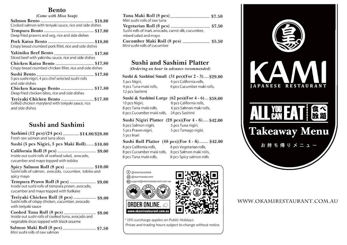 Carta del restaurante Okami, Williamstown