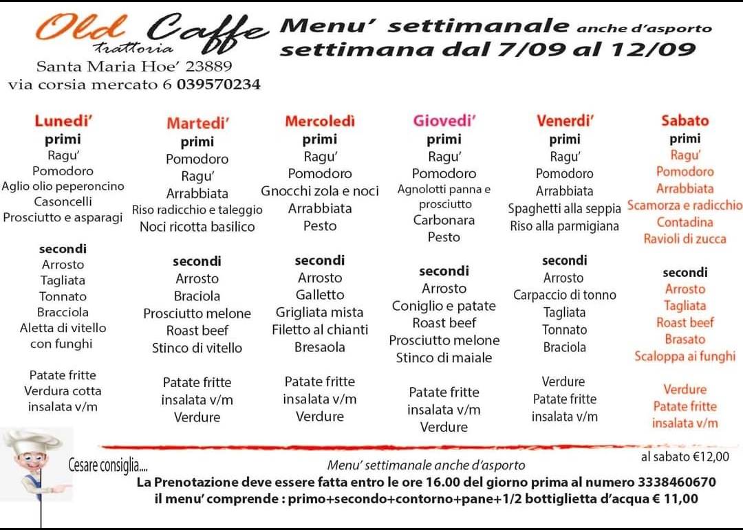 Menu au Old Caffè restaurant, Santa Maria Hoè